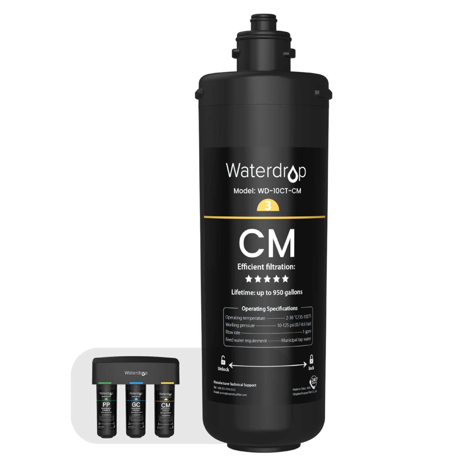 3-Stage Water Filter with Brushed Nickel Tap: Carbon (CM) Filter